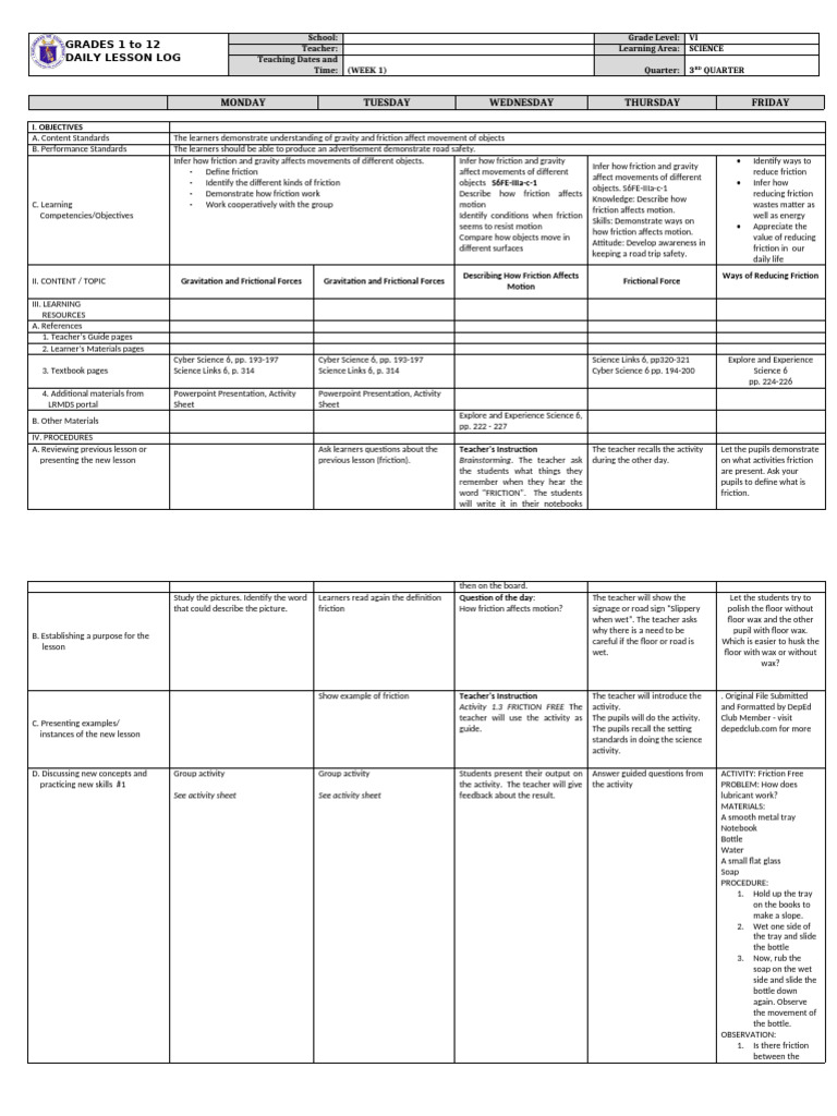 SCIENCE DLL | PDF | Friction | Differentiated Instruction