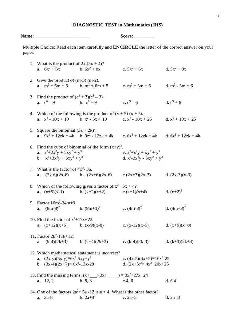 Mathematics Diagnostic Test Questions | PDF | Function (Mathematics ...