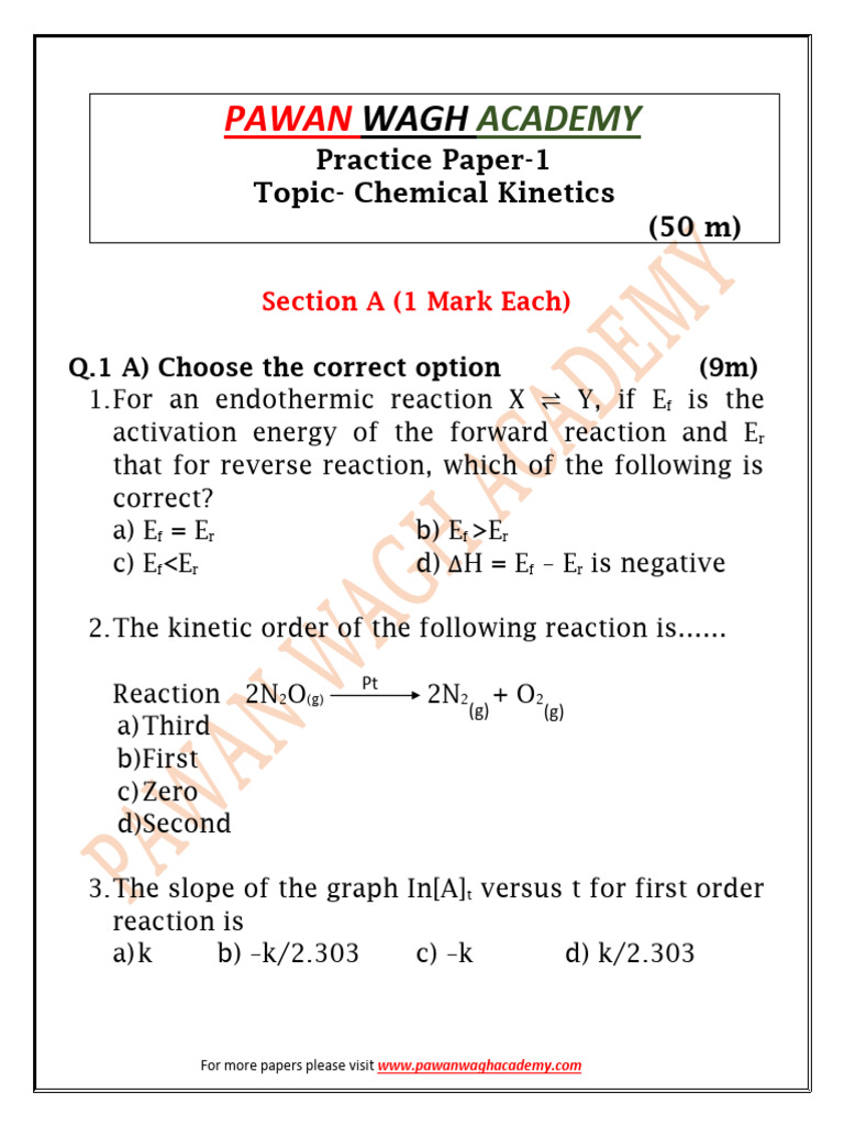 0chemical Kinetics Class 12th Practice Paper | PDF | Chemical Kinetics | Physical Sciences