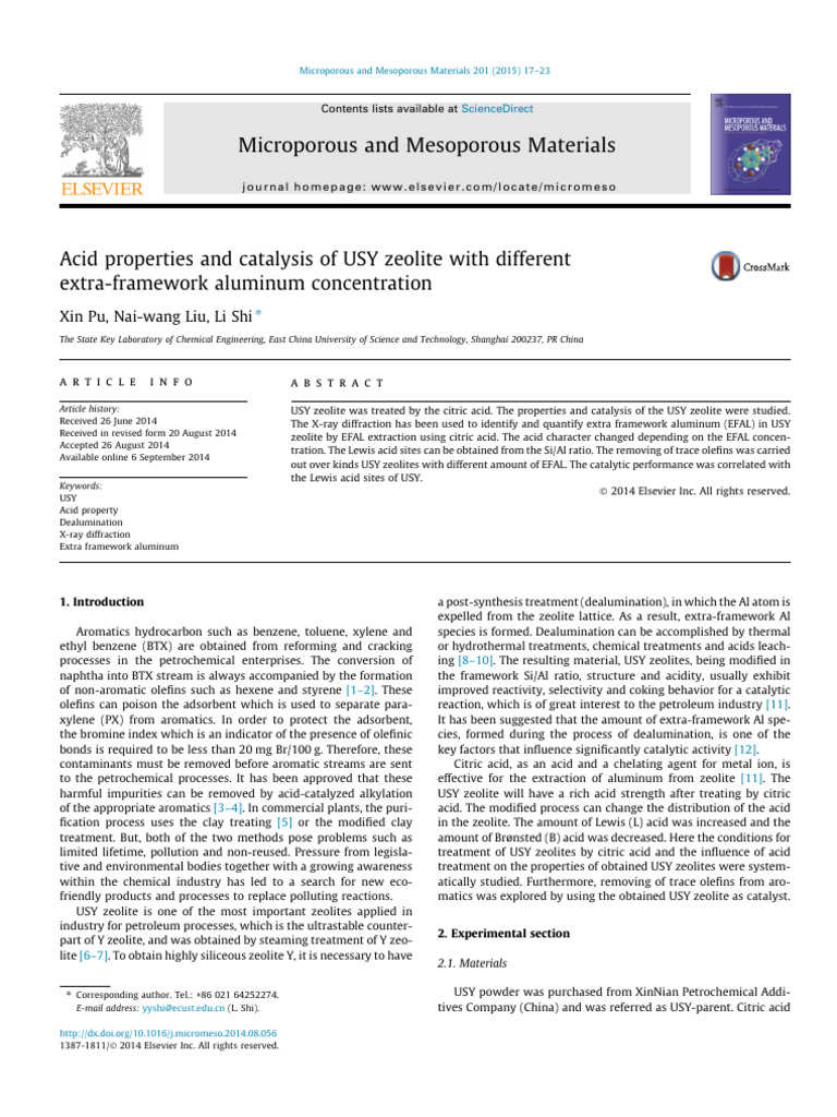 USY Zeolite Acid Properties and Catalysis | PDF | Adsorption | Zeolite