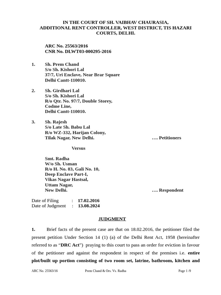 Prem Chand vs. Radha - 14 (1) (A) | PDF | Landlord | Leasehold Estate