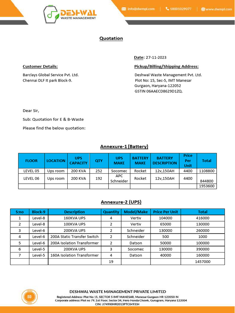 Barclays UPS_Battery Chennai Quotation 27-11-23.Docx | PDF