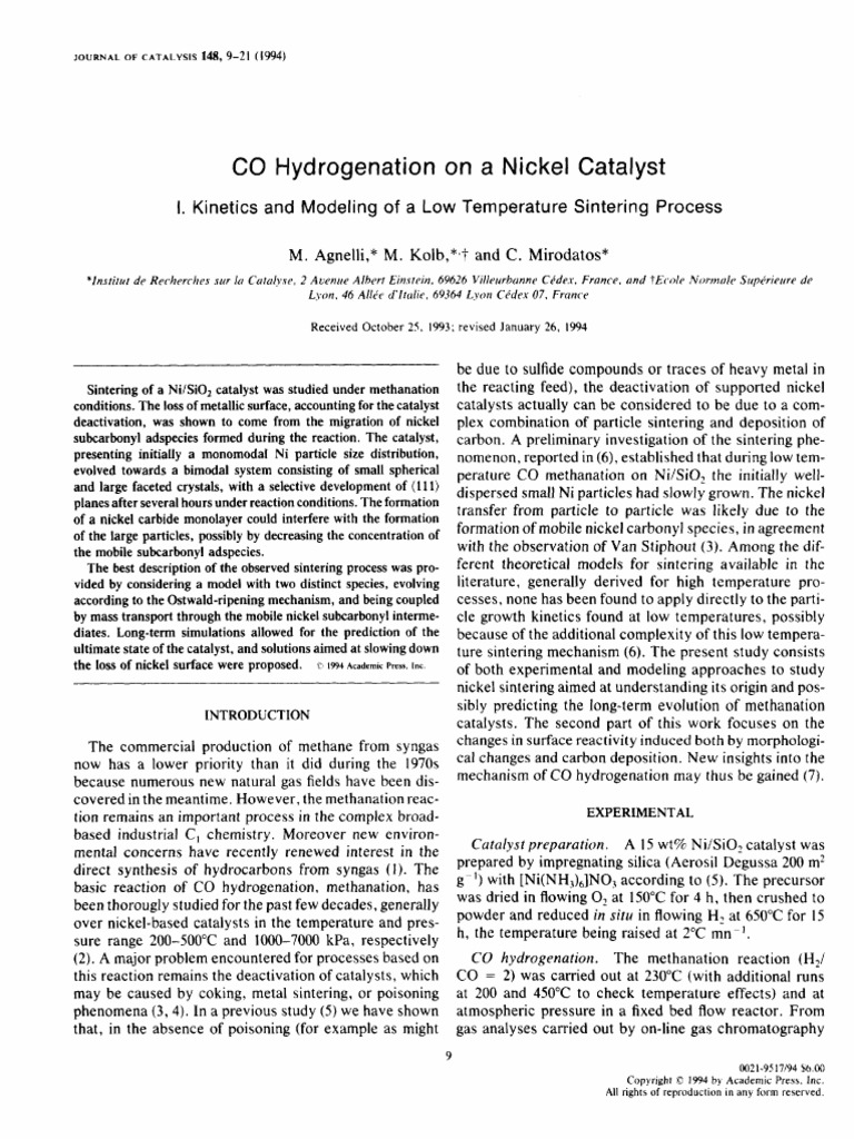 CO Hydrogenation On A Nickel Catalyst 1. Kinetics and Modeling of A Low ...