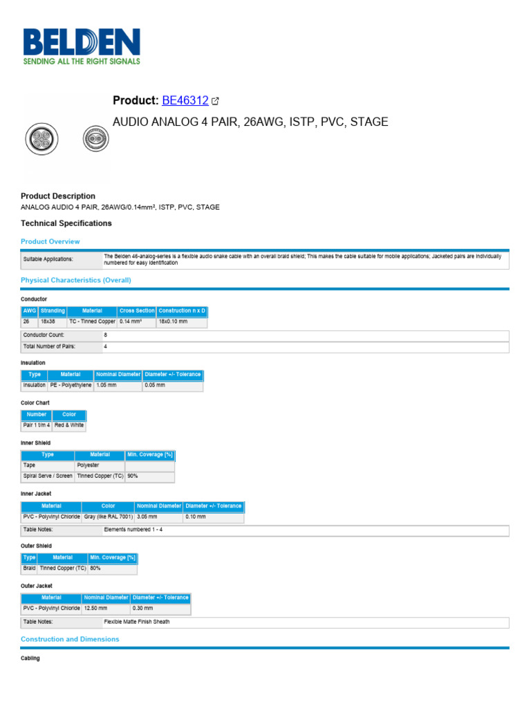 BE46312 - Techdata - PDF - Audio Analog INSTRU | PDF | Polyvinyl Chloride | Electricity