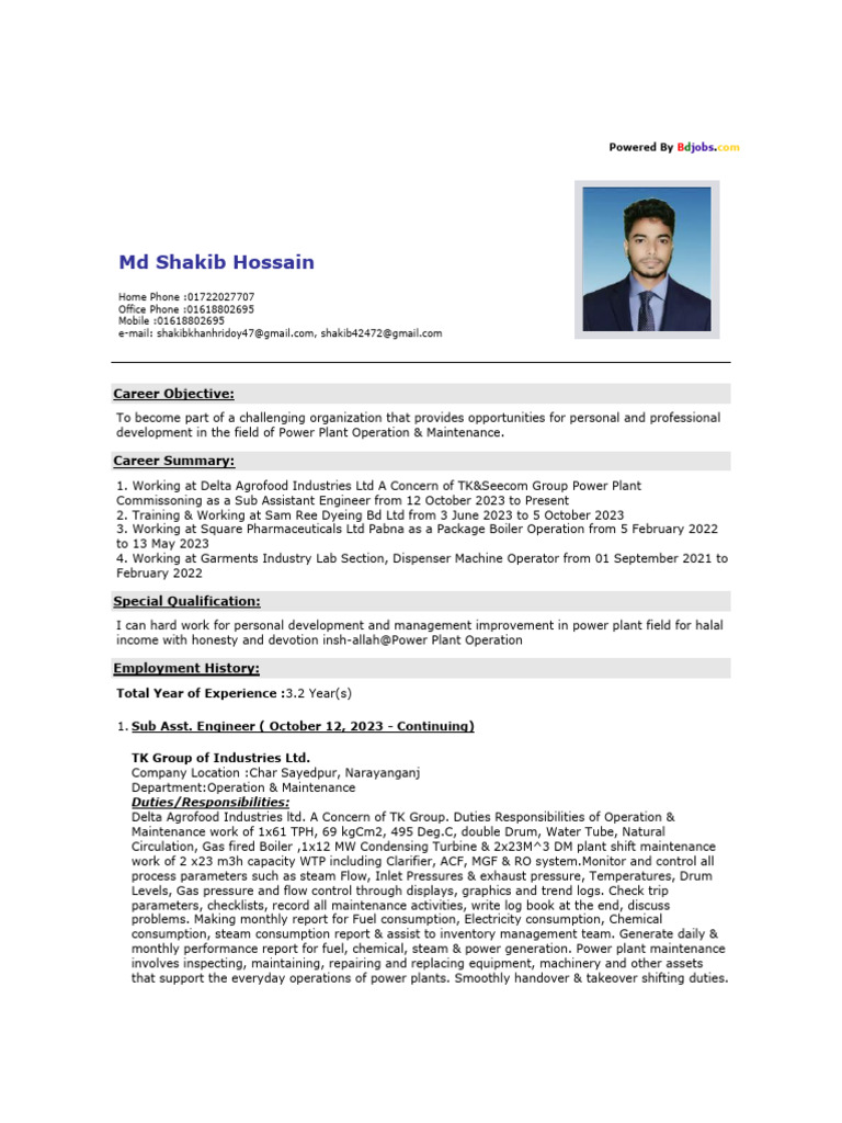 CV of Md Shakib Hossain-1 | PDF | Boiler | Power Station
