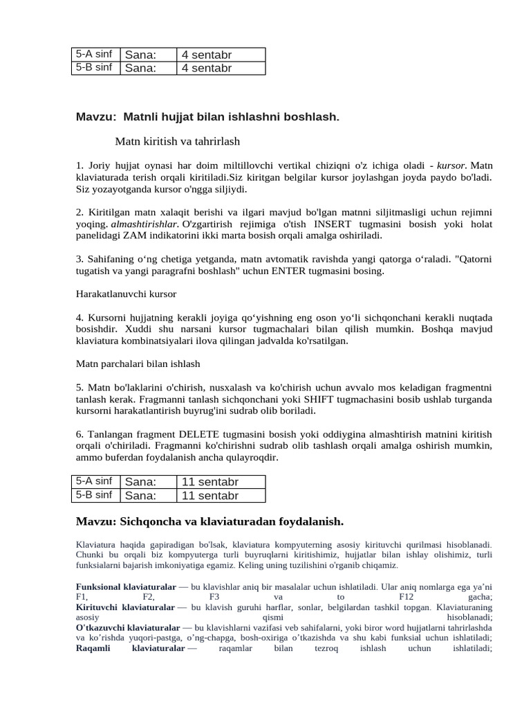 5-Sinf Dars Kospektlari | PDF