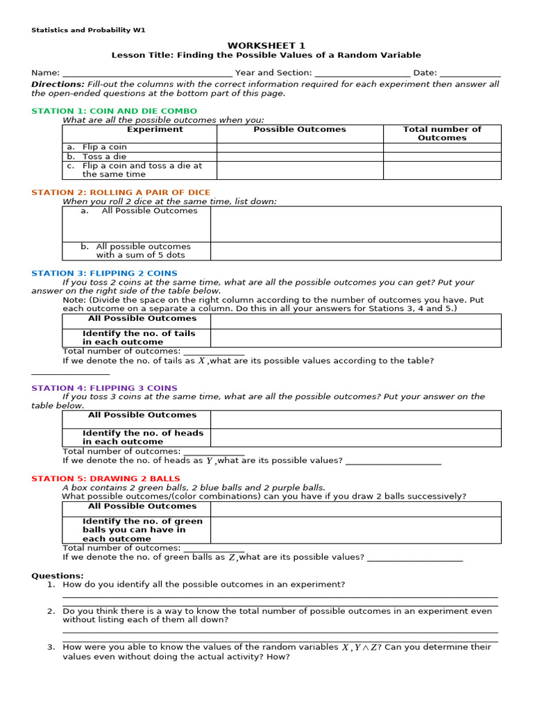 WORKSHEET 1 Finding The Value of Random Variables | PDF | Random Variable | Randomness