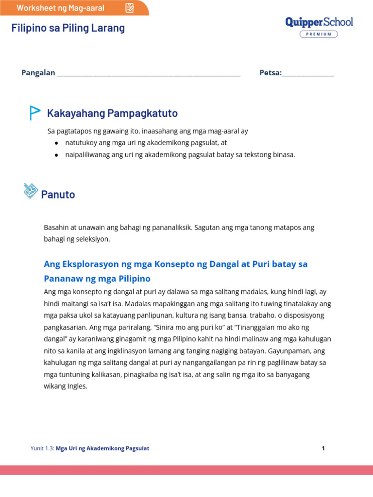 AW1 - FPL 11 - 12 Q1 0103 - Mga Uri NG Akademikong Pagsulat | PDF