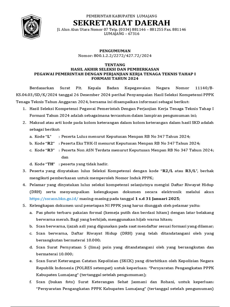 Pengumuman Hasil Seleksi Kompetensi PPPK Teknis 2024 | PDF