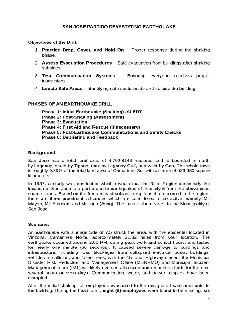 Earthquake Drill Scenario 2 | PDF | Emergency Evacuation | Earthquakes