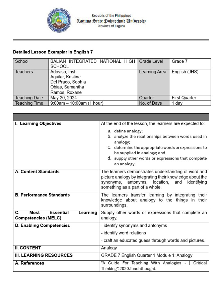 Lesson Exemplar Group 1 | PDF | Analogy | Learning