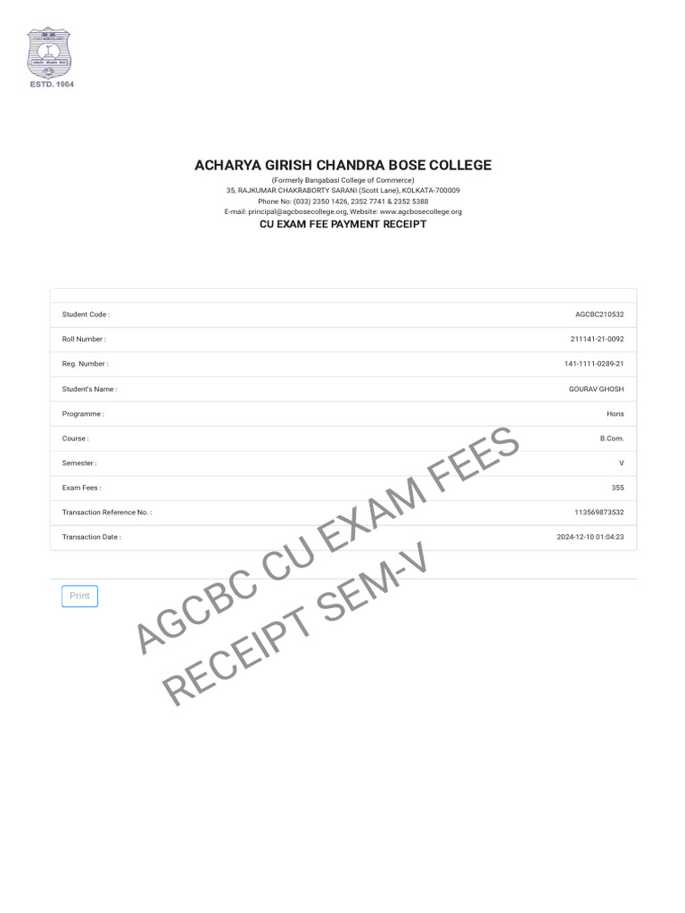 Exam Fees Receipt 5th Sem | PDF