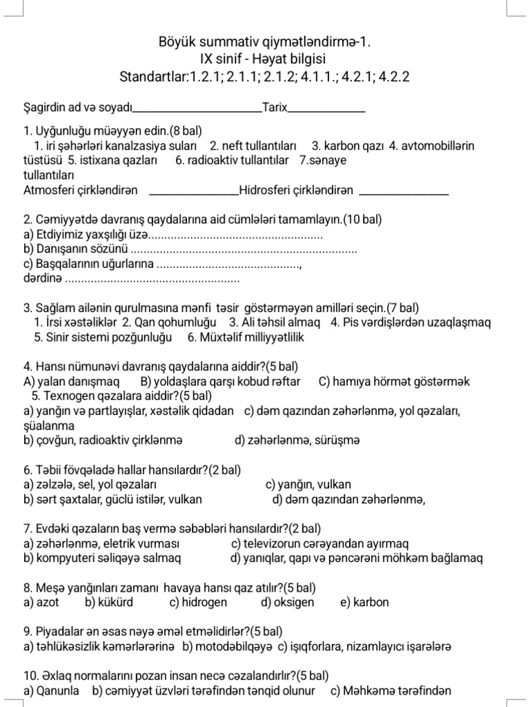 Həyat Bilgisi IX Sinif. BSQ - 1 | PDF