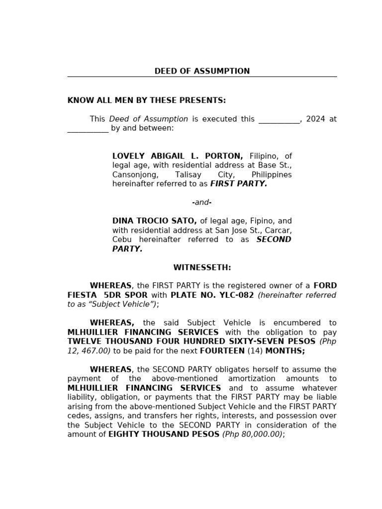 Deed of Assumption | PDF | Natural Resources Law | Business Law
