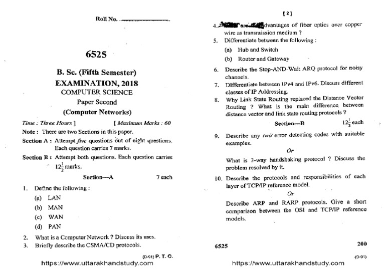 BSC 5 Sem Cs Computer Networks 6525 2018 | PDF