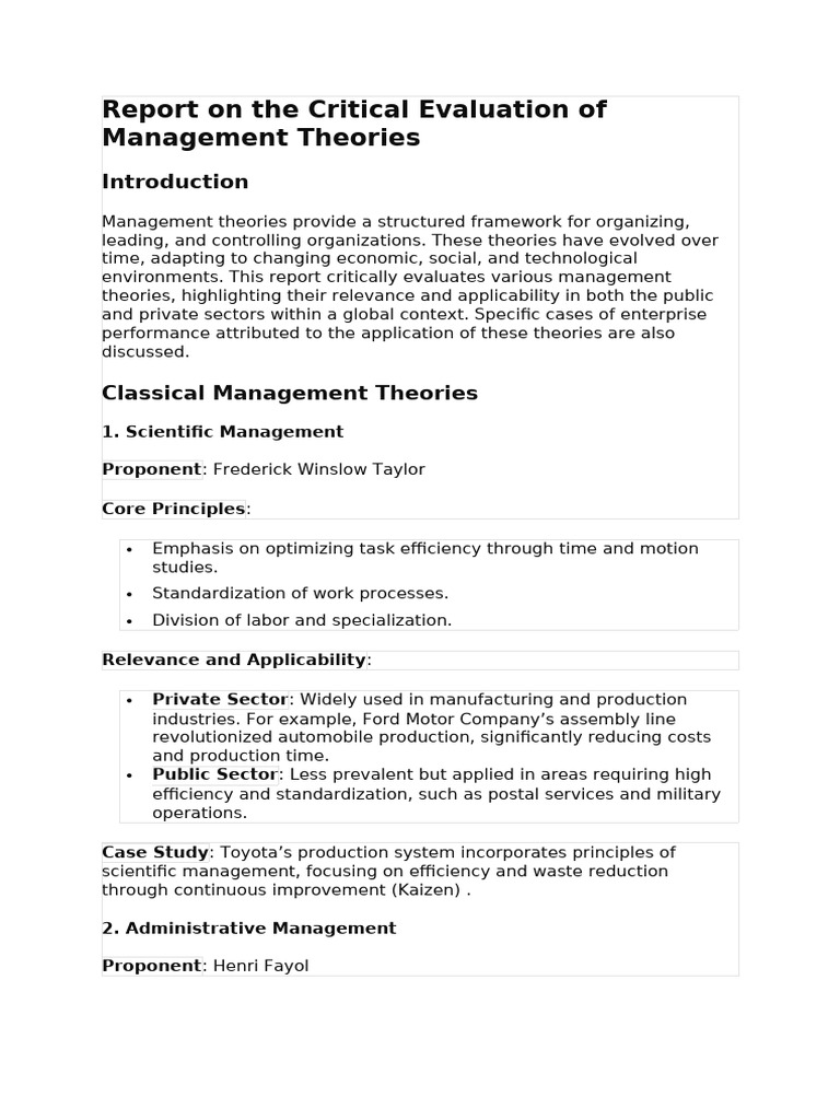 Report on the Critical Evaluation of Management Theories | PDF ...