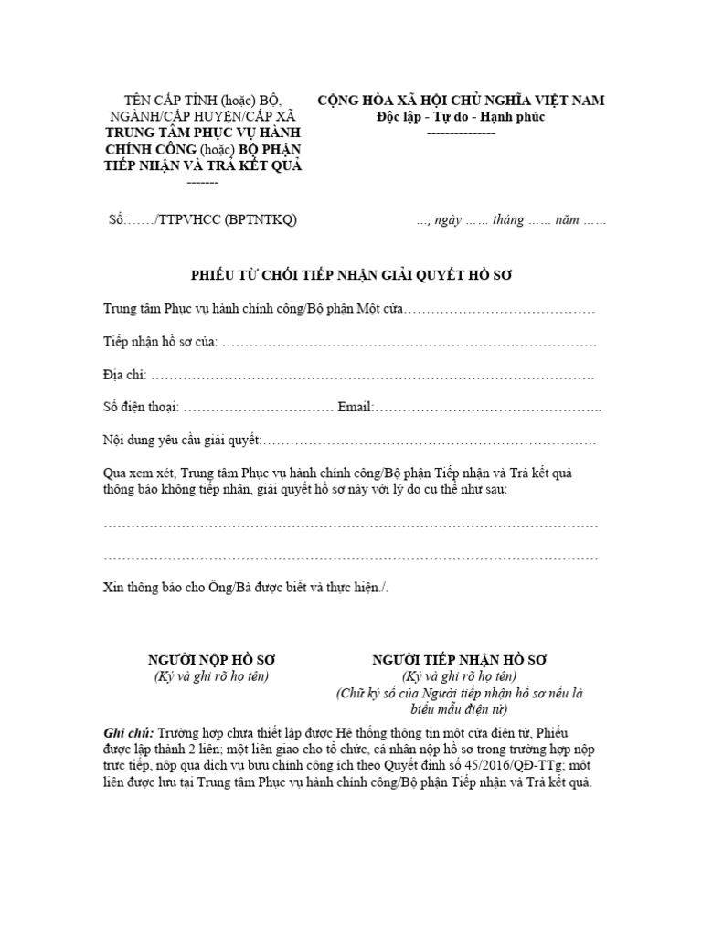 Phieu Tu Choi Tiep Nhan Giai Quyet Ho So | PDF