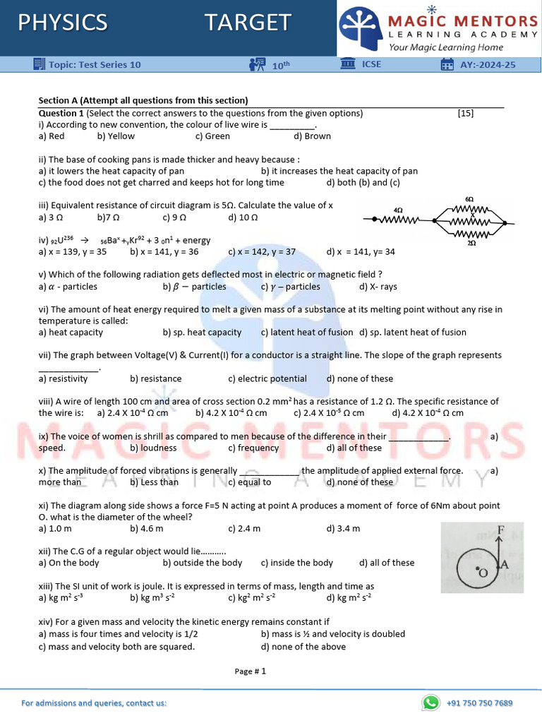 ICSE Physics Paper 10 - 2024-25 | PDF | Electrical Resistance And ...