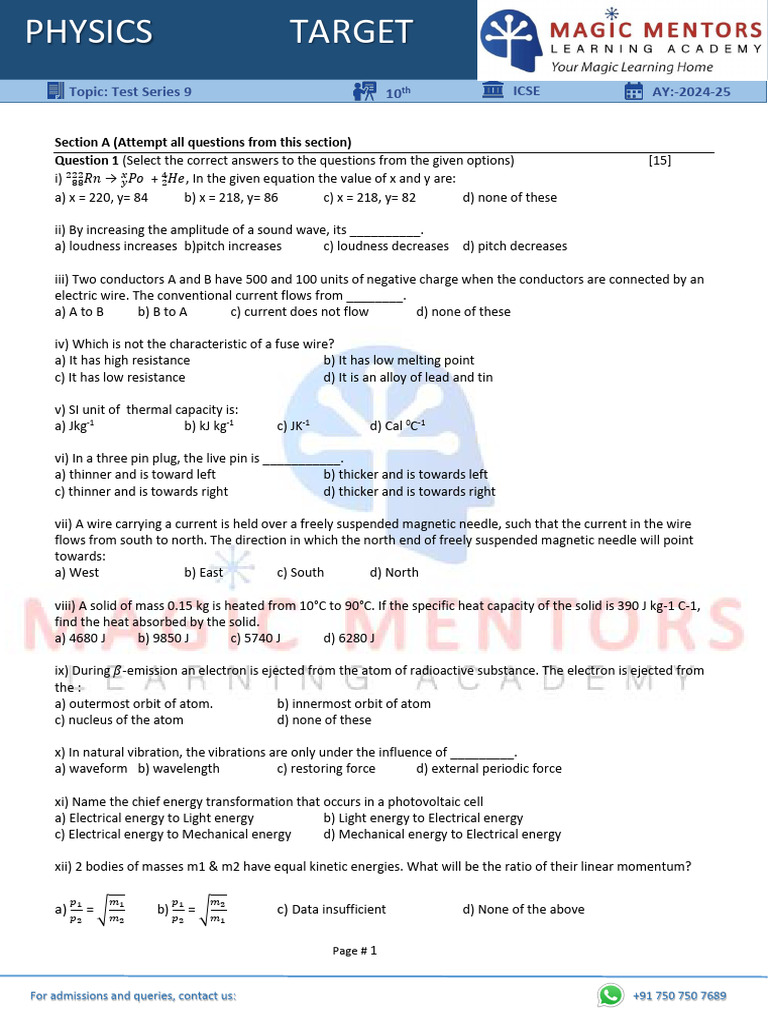 ICSE Physics Paper 9 - 2024-25 | PDF | Atomic Nucleus | Electrical ...