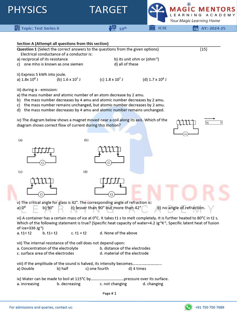 ICSE Physics Paper 6 - 2024-25 | PDF | Electric Current | Force