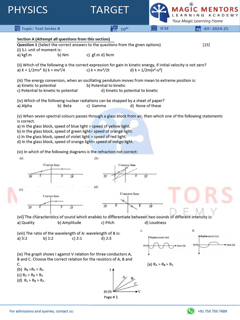 ICSE Class 8 Physics Question Paper 2024 | PDF | Heat | Light