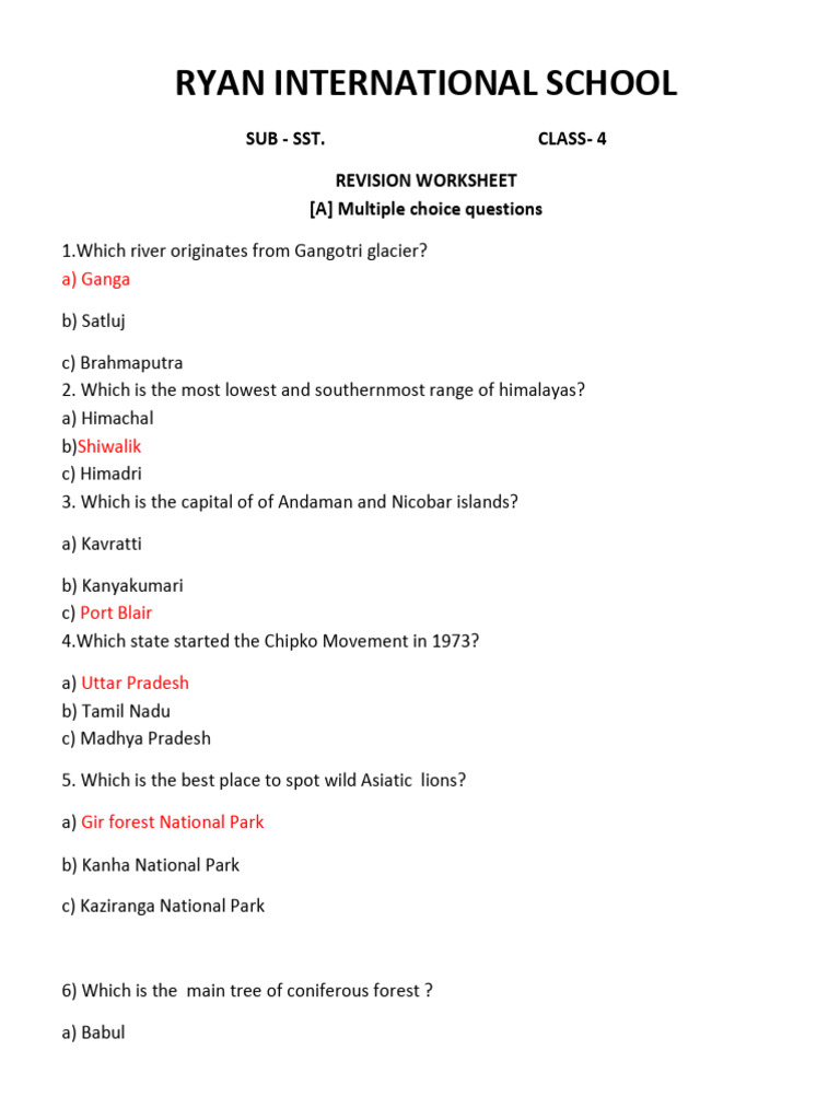 New Class 4 SST Worksheet Solutions | PDF | Forests | Renewable Energy