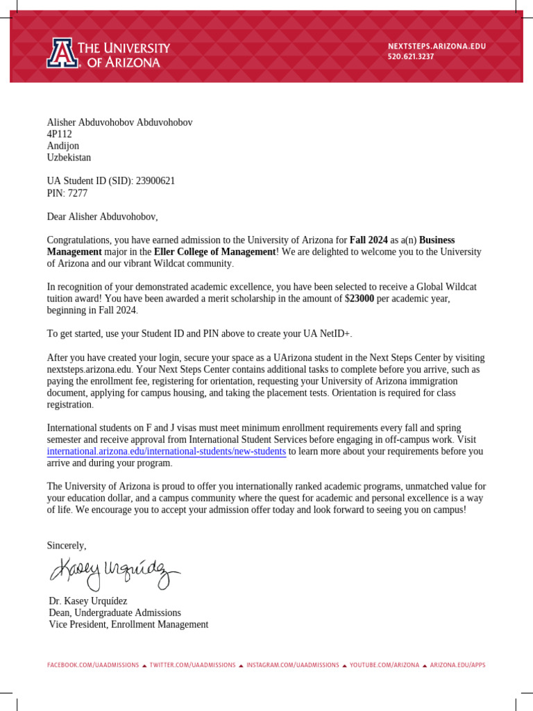 UA Admission Confirmation for Fall 2024 | PDF