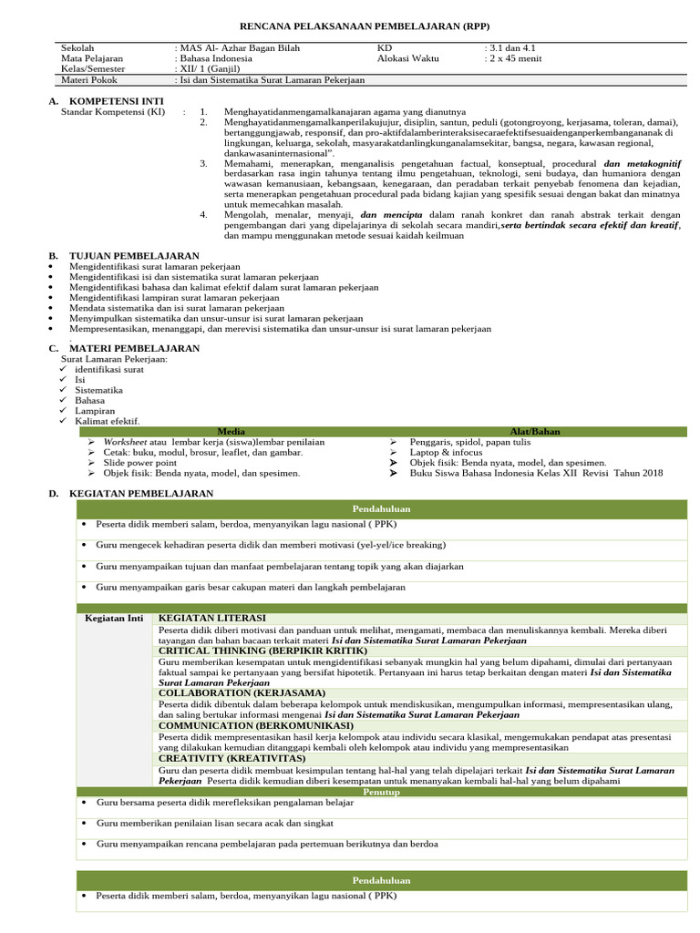 RPP Ganjil Bhs Indonesia XII | PDF