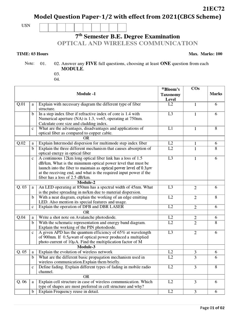 21EC72 Model Paper | PDF | Fiber Optic Communication | Cellular Network