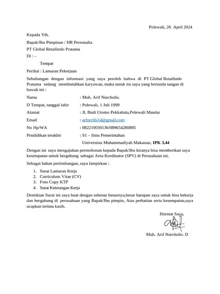 Surat Lamaran - Muh. Arif Nurcholis. D.-8 - Signed | PDF