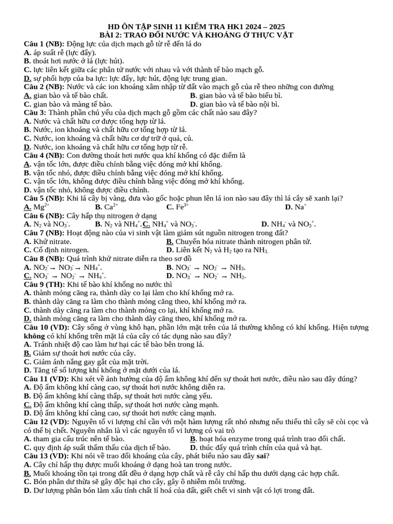 ÔT Sinh 11 - HK1 | PDF