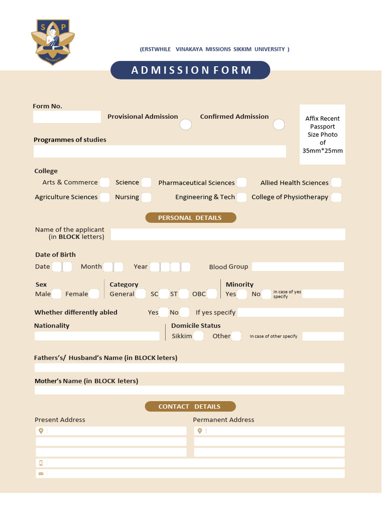 Admission Form Sikkim Professional University (1) | PDF | Identity Document