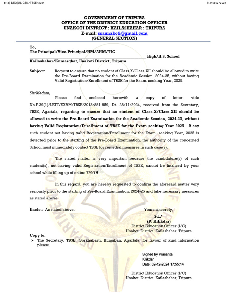 Government of Tripura Office of The District Education Officer Unakoti ...