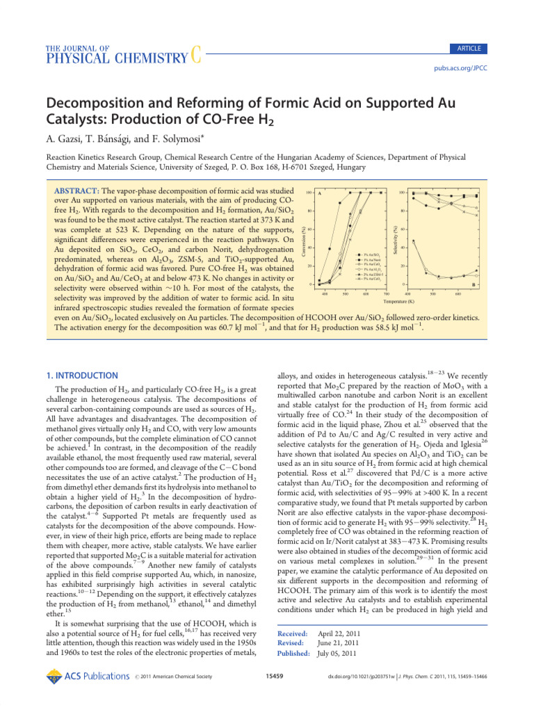 Decomposition and Reforming of Formic Acid On Supported Au Catalysts ...