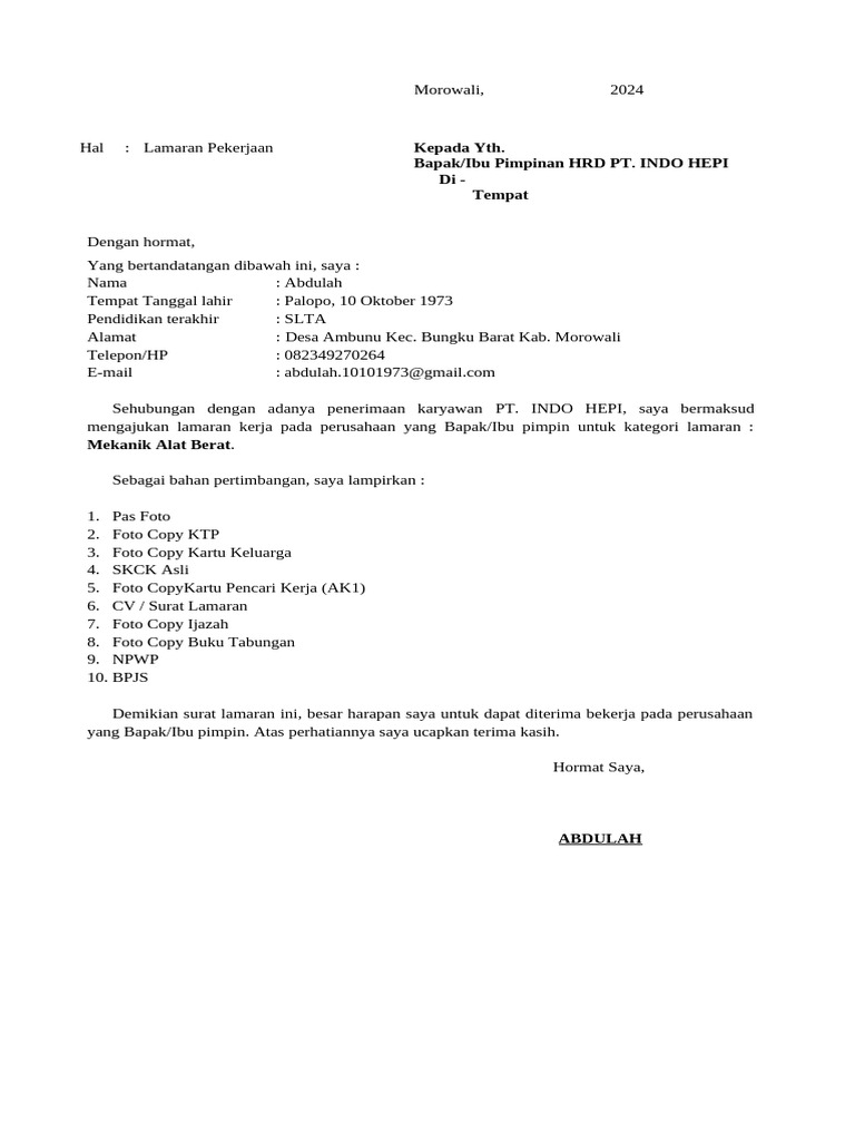 SRT Lamaran Abdullah - INDO HEPI | PDF