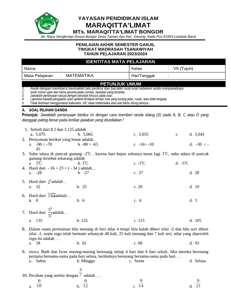 3. Rakit Soal PAS MTK 7 | PDF