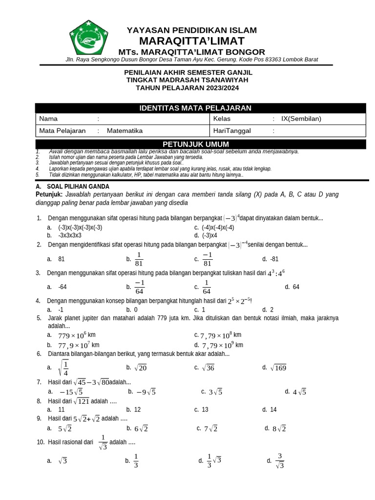 3. Rakit Soal PAS MTK 9 | PDF