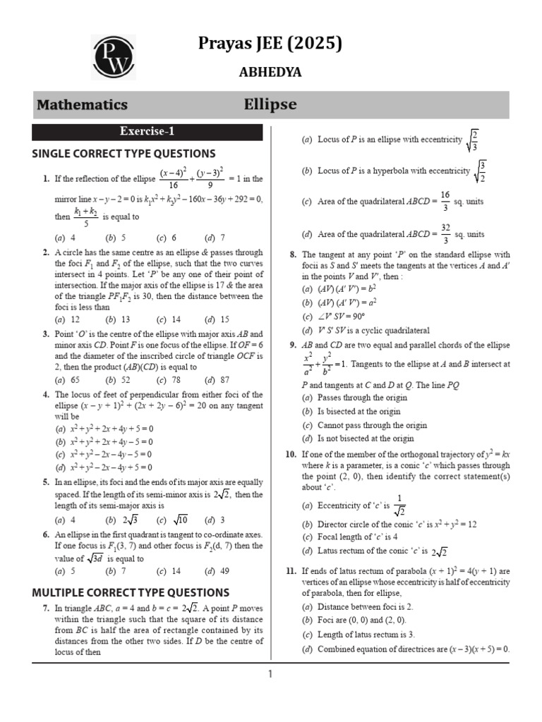Ellipse - Standard Practice Sheet (JEE Advanced) - Abhedya P | PDF ...