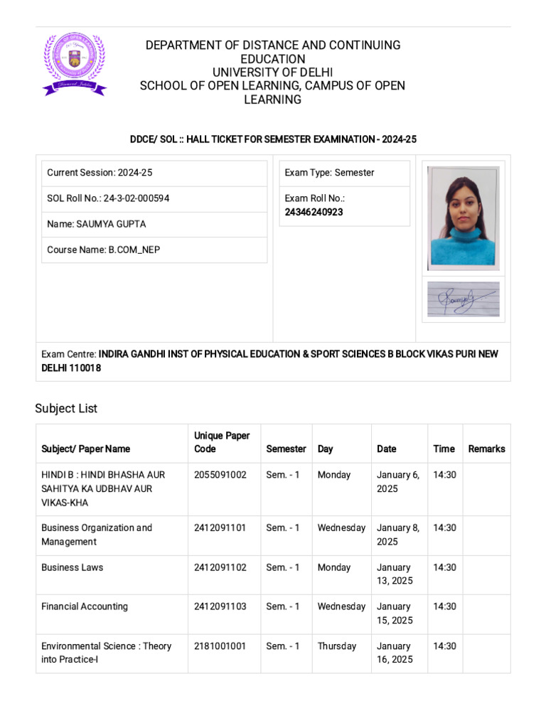 Ddce - Sol - Hall Ticket For Semester Examination - 2024-25 | PDF