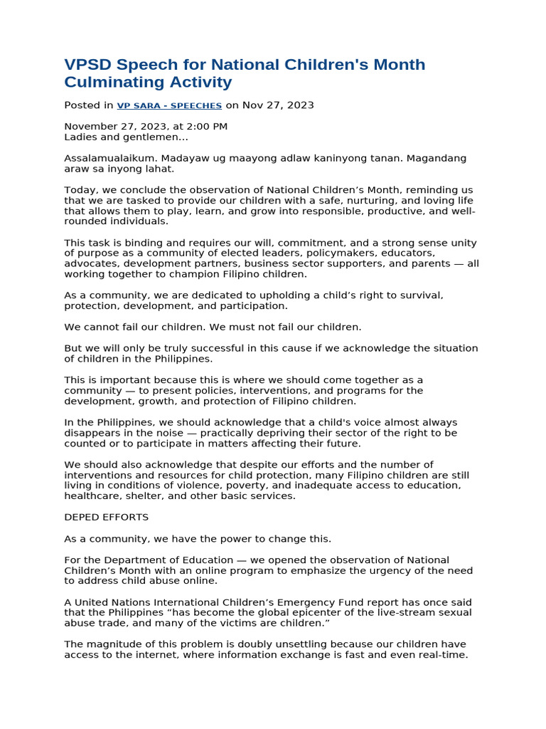 VPSD Speech For National Children Month Culmination | PDF | Teachers | Cyberbullying