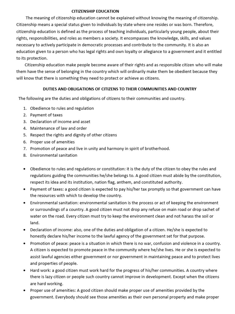Citizenship Education and Responsibilities | PDF | Citizenship | Poverty