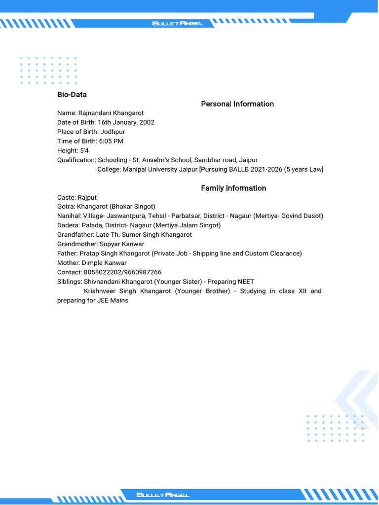 Bio-Data Rajnandani - Khangarot | PDF