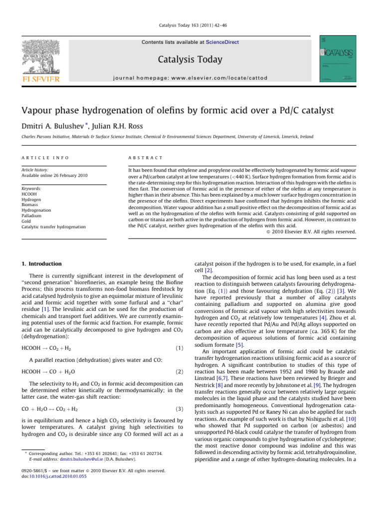 Vapour Phase Hydrogenation of Olefins by Formic Acid Over A PD@C ...