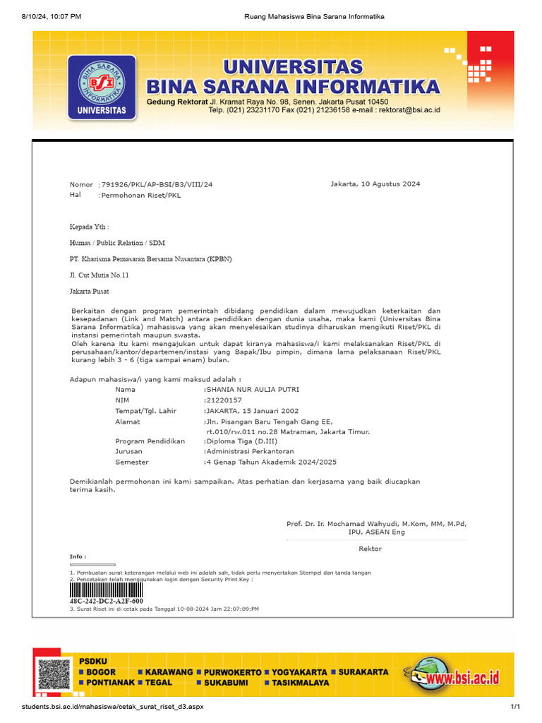 Surat Riset Pt. Kharisma | PDF