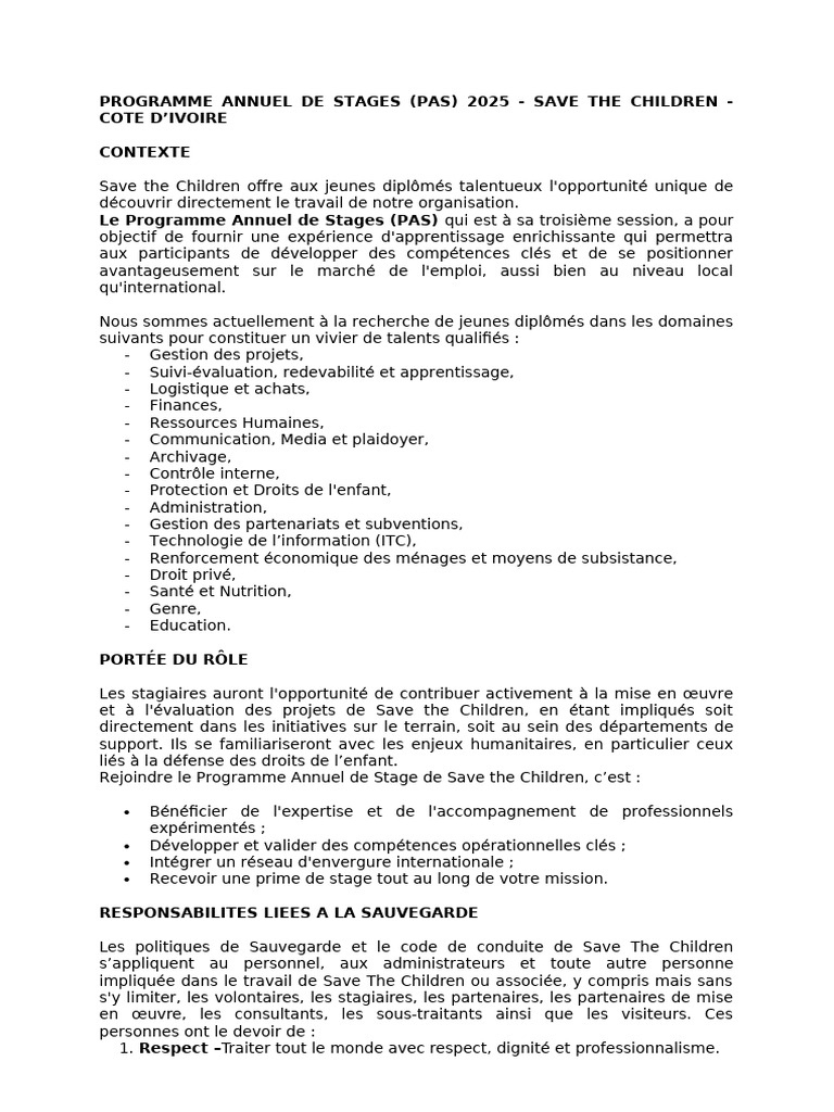 Programme de Stage 2025 - Save the Children | PDF