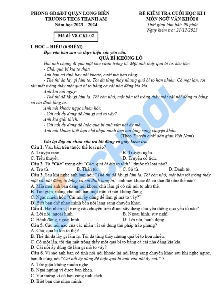 De Kiem Tra Cuoi Hoc Ki 1 Mon Ngu Van 8 Nam Hoc 2023 2024 THCS Thanh Am Long Bien Ha Noi ...