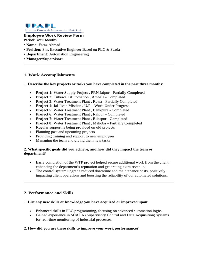 Employee Review: Snr. Executive Engineer | PDF | Automation | Scada