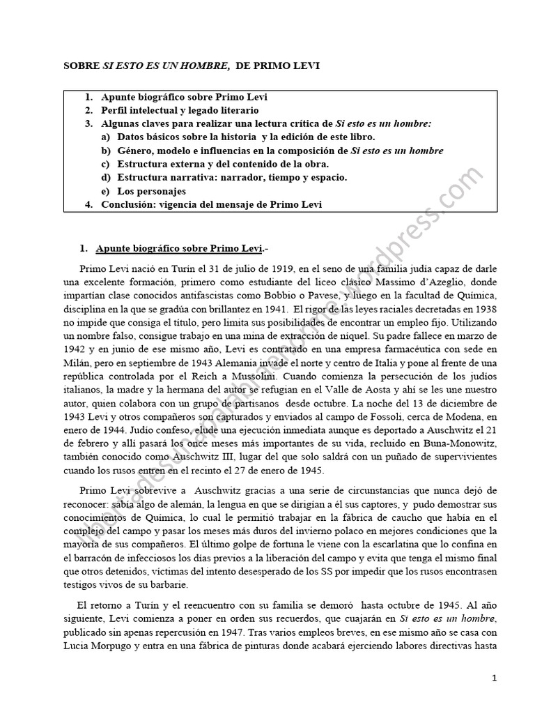 Guia de Lectura de Si Esto Es Un Hombre | PDF | Campo de concentración ...