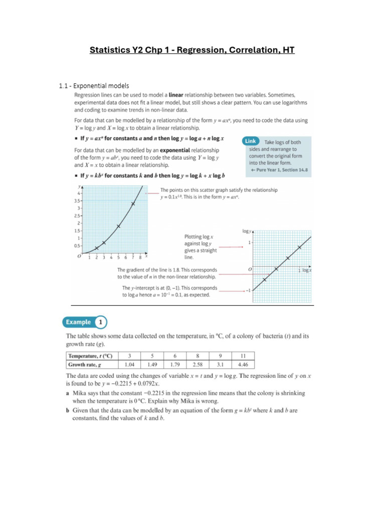 Statistics Y2 CHP 1 - Regression, Correlation, HT | PDF