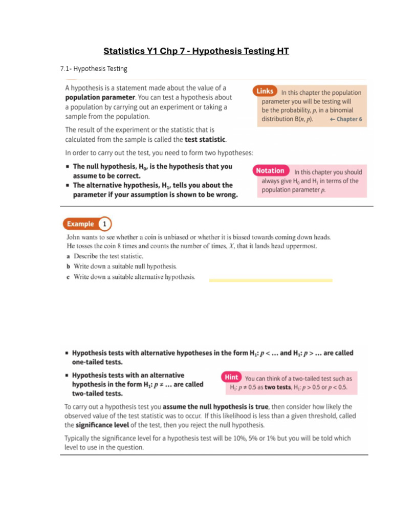 Statistics Y1 CHP 7 - Hypothesis Testing HT | PDF